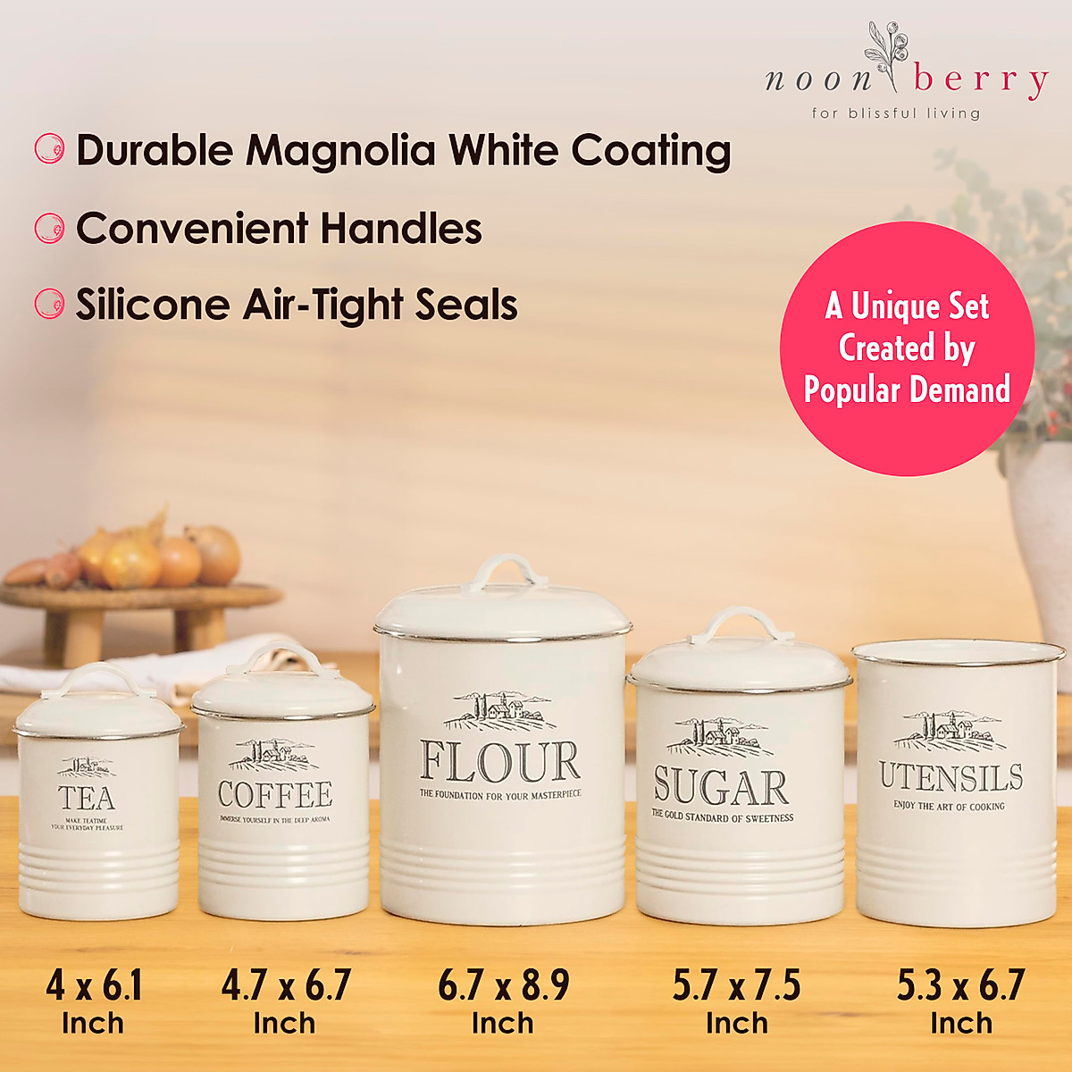 noonberry Set of 5 Canisters for Kitchen Counter, White Containers, Airtight Coffee Tea Flour Sugar Canisters Set & Utensil Holder for the Kitchen Countertop