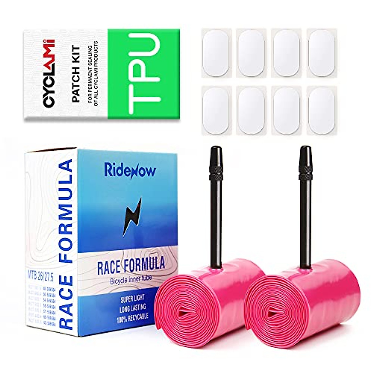 2 Pack Ultralight TPU Bike Inner Tube Mountain Bicycle Tire 26/27.5'' Compatible with 26/27.5 x 1.9/2.0/2.1/2.2/2.3/2.4/2.5 Valve Length French 45mm for MTB (Include 8 PCS Bike Inner Tire Patch)