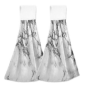 Black Gray White Marble Hanging Kitchen Towel 12 x 17 Inch Marbling Granite Stone Surface Hand Tie Towels Set 2 Pcs Tea Bar Dish Cloths Dry Towel Soft Absorbent Durable for Bathroom Laundry Room Decor
