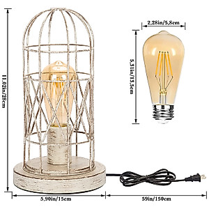 Small Table Lamp, Touch Control Table Lamp with Brushed White Oak Cage, Farmhouse Bedside Lamp 3-Way Dimmable Nightstand Lamp Edison Lamp for Bedroom, Living Room, Hallway, Kitchen, LED Bulb Included