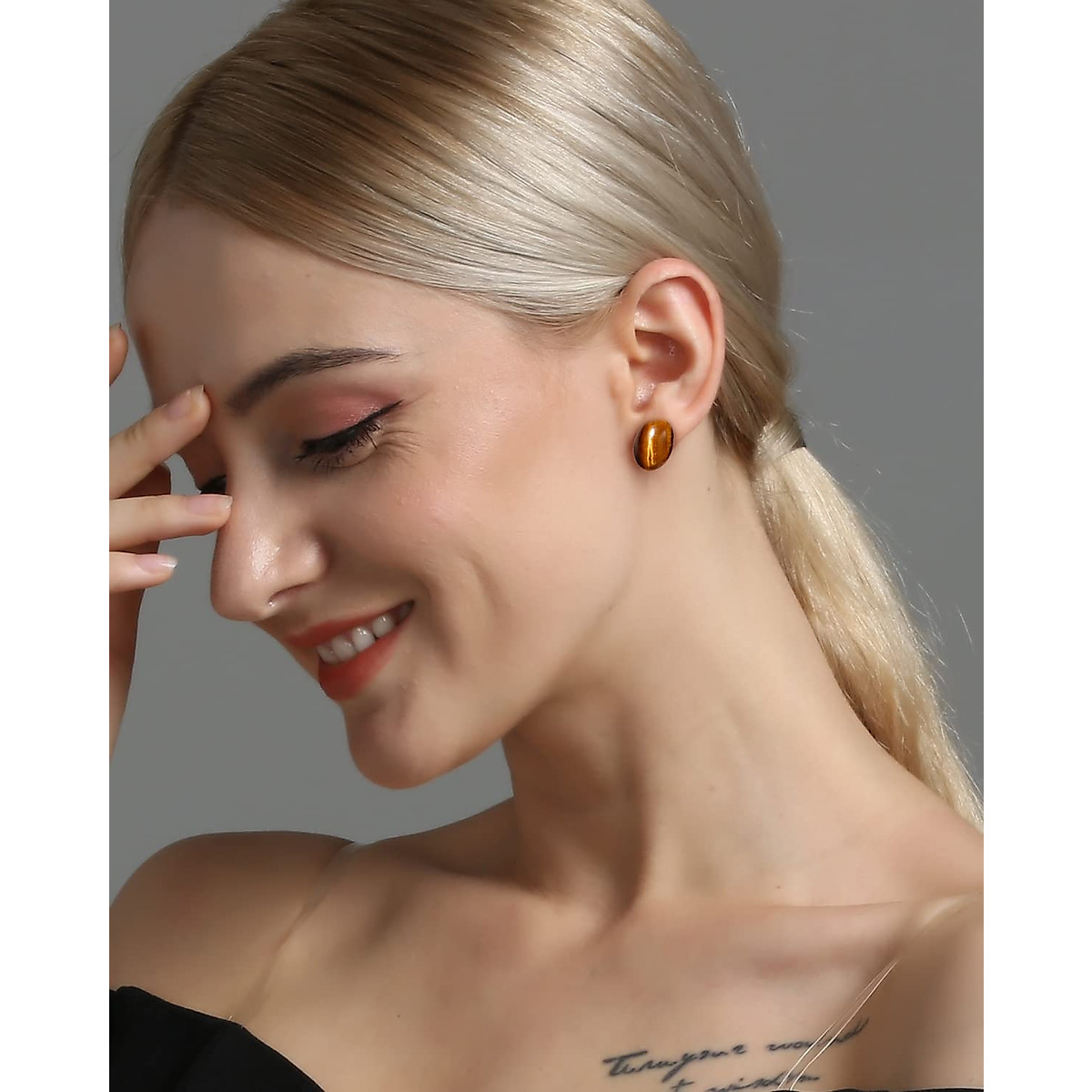 Jewever Tiger Eye Gemstone 925 Sterling Silver Earrings for Women Stud Mens Earrings Stud Healing Crystals Jewellery for Women (Oval)