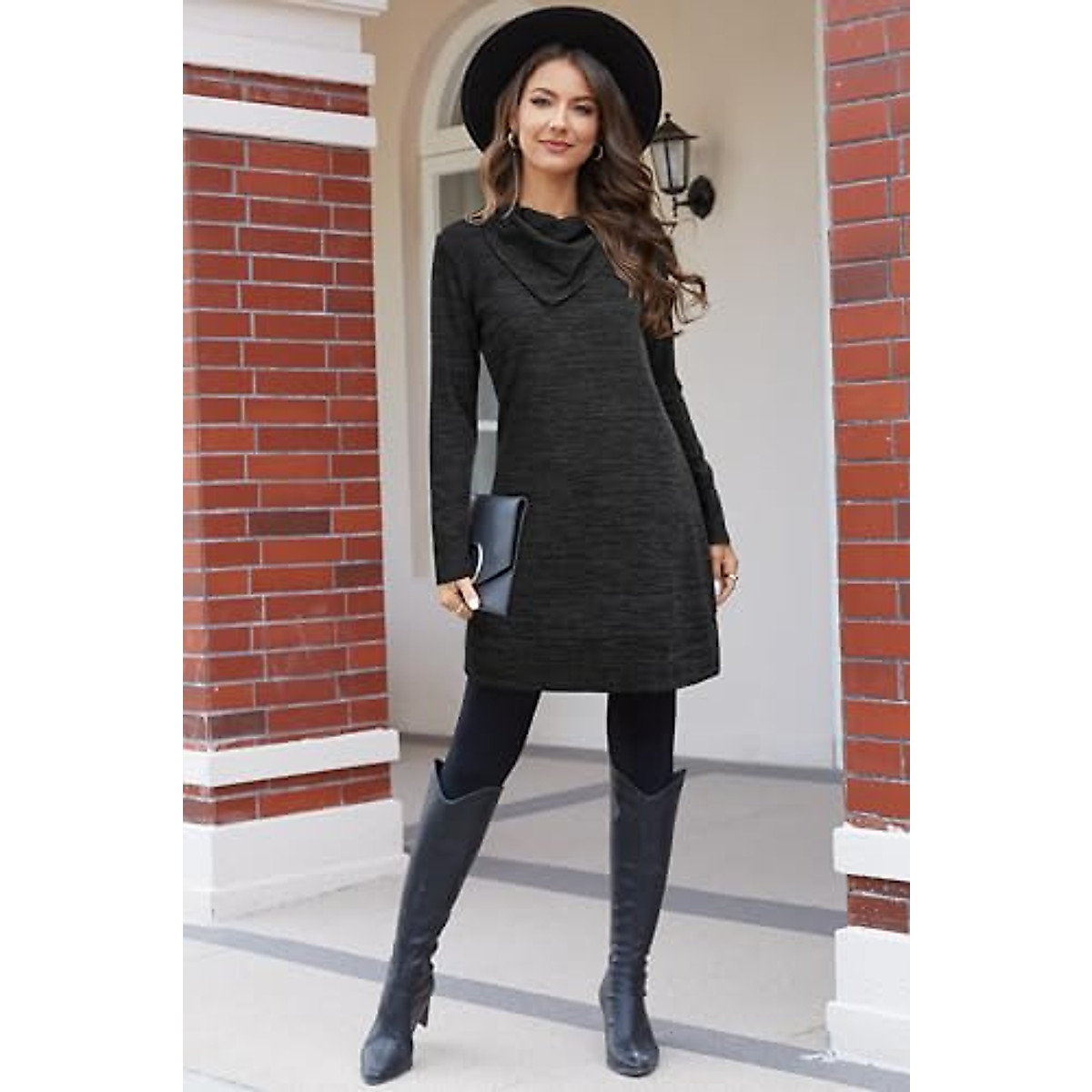 STYLEWORD 2024 Fall Sweater Dress Women's Tunic Tops for Leggings Long Sleeve Cowl Neck Elbow Patchs Casual Sweatshirts(Black3197,L)