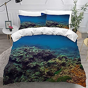 Quilt Cover Queen Size Coral Reef 3D Bedding Sets Underwater World Duvet Cover Breathable Hypoallergenic Stain Wrinkle Resistant Microfiber with Zipper Closure,beding Set with 2 Pillowcase