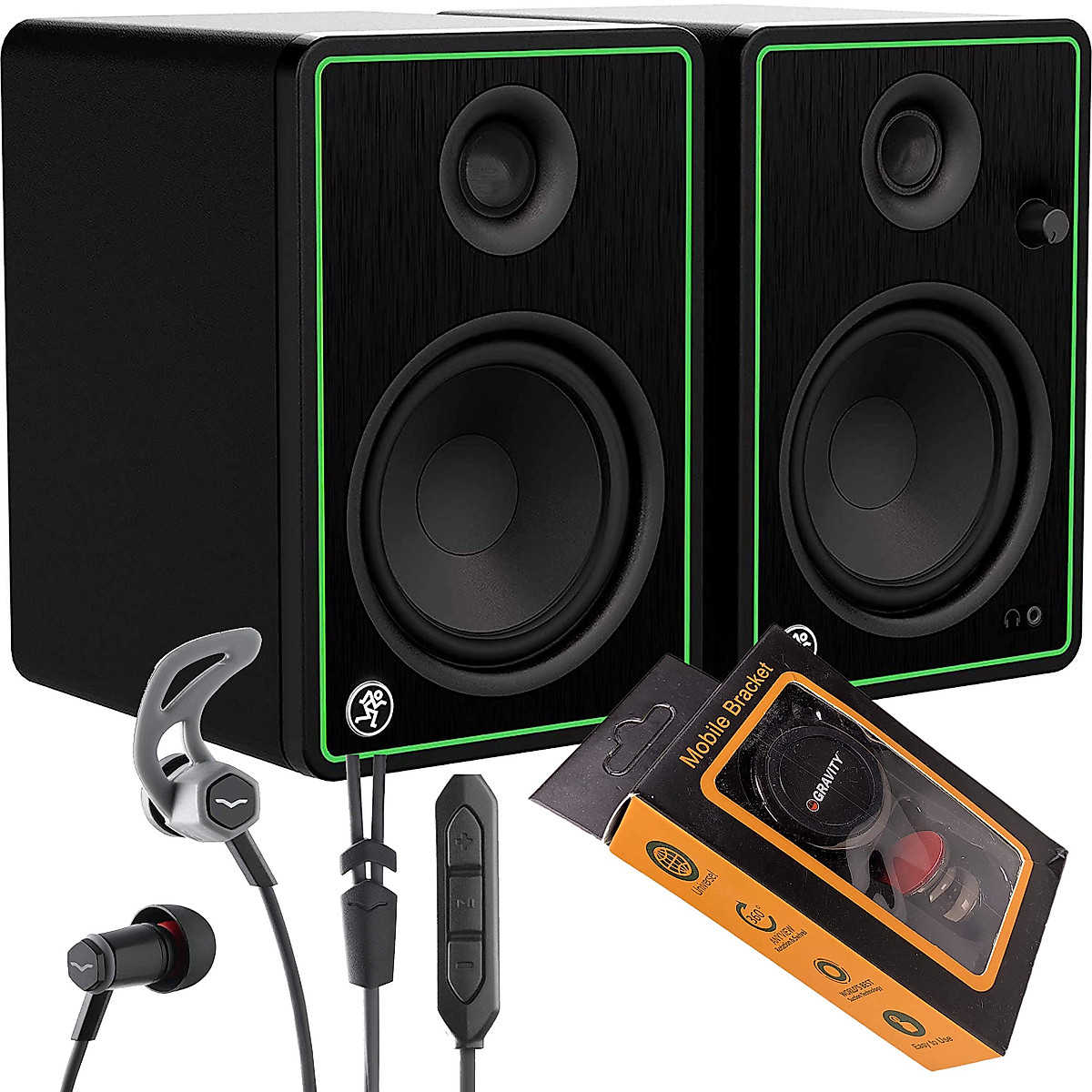 Mackie CR5-X 5 inch Multimedia Studio Monitor, with 1/4", 1/8" TRS, and RCA Inputs (Pair) with V-Moda Forza in-Ear Hybrid Sport Headphones and EMB Cable Bundle (CR5X+Vmoda+M)