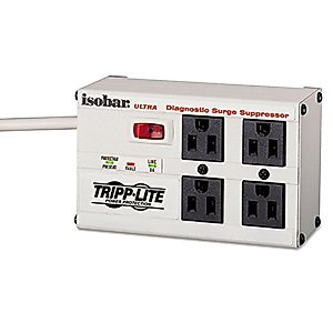 Tripp Lite Isobar 4 Outlet 120V Surge Suppressor. ISOBAR 4 4OUT STRIP $50K ULTRA COMPACT 6FT CORD 2200J METAL SURGE. Receptacles: 4 x NEMA 5-15R - 3330J