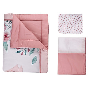 CribMATE 4 PCs Pink Rose Swan Nursery Crib Bedding Set Baby Girl Floral Swan Themed Cot Bedding Set 1 Quilt 1 Skirt 1 Fitted Sheet 1 Window Valance, Pink White, 28 X 52