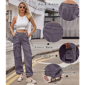 Hiistandd Women's High Waisted Cargo Pants Cotton Wide Leg Casual Pants Combat Military Work Trouser(Dark Gray,L)