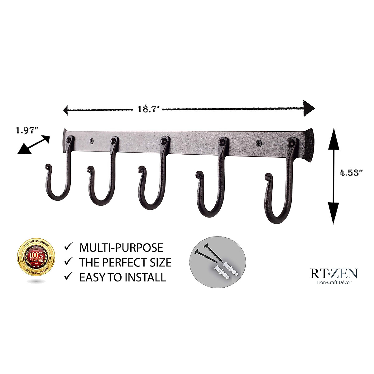 RTZEN Wall Hooks for Hanging - 5 Hook Farmhouse Decor Coat Rack Wall Mount - Heavy Duty Hanging Towel Racks for Bathroom or Purse Hanger Hat Organizer - Stylish Hooks for Hanging Coats