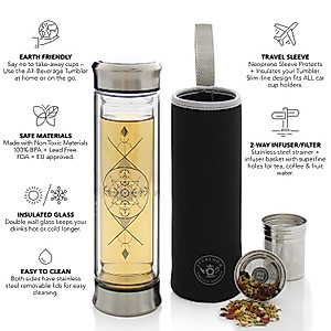 Teabloom All-Beverage Infusion Bottle – 14 oz / 400 ml – Double Wall Insulated Glass Travel Flask – Hot Tea & Cold Brew Coffee Thermos – Removable Sleeve