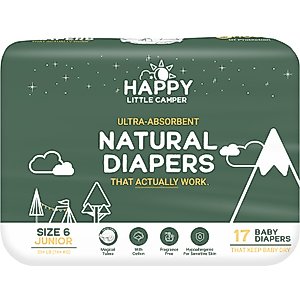 Happy Little Camper Ultra-Absorbent Natural Baby Diapers Size 6 - Hypoallergenic & Chlorine-Free Disposable Diapers Safe for Sensitive Skin - Unscented Junior Diapers - 17 Count