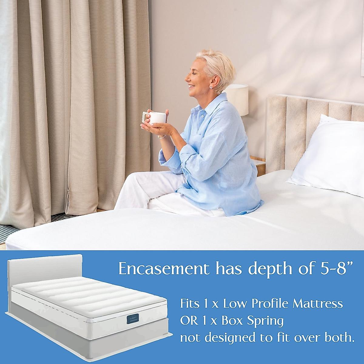 Queen Size Mattress or Box Spring Encasement (5" to 8" Depth) - Low Profile Waterproof Zippered Protector Hypoallergenic Premium Bed Cover Protects from Dust Allergens