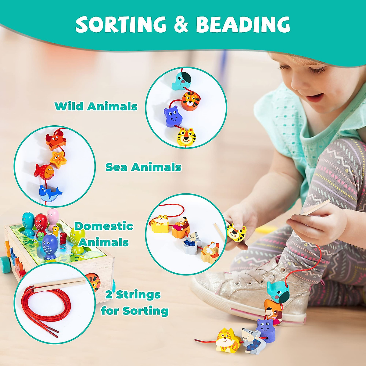 Montessori Wooden Shape Sorter Toys for Toddlers, Multifunctional Magnetic Fishing Car with Animal Blocks & Fishing Game, Preschool Baby Gift, Fine Motor Skills Toys for 1-3 Year Old Boys Girls