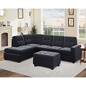 P PURLOVE Modern Sectional Sofa, Reversible Sectional Sofa with Storage Ottoman, L Shaped Couch Set with Reversible Chaise and Two Cup Holders, for Living Room Apartment, Black