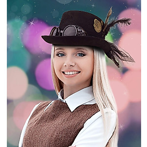 Attitude Studio Fedora Steampunk Hat with Goggles, Feathers, and Gears - Black