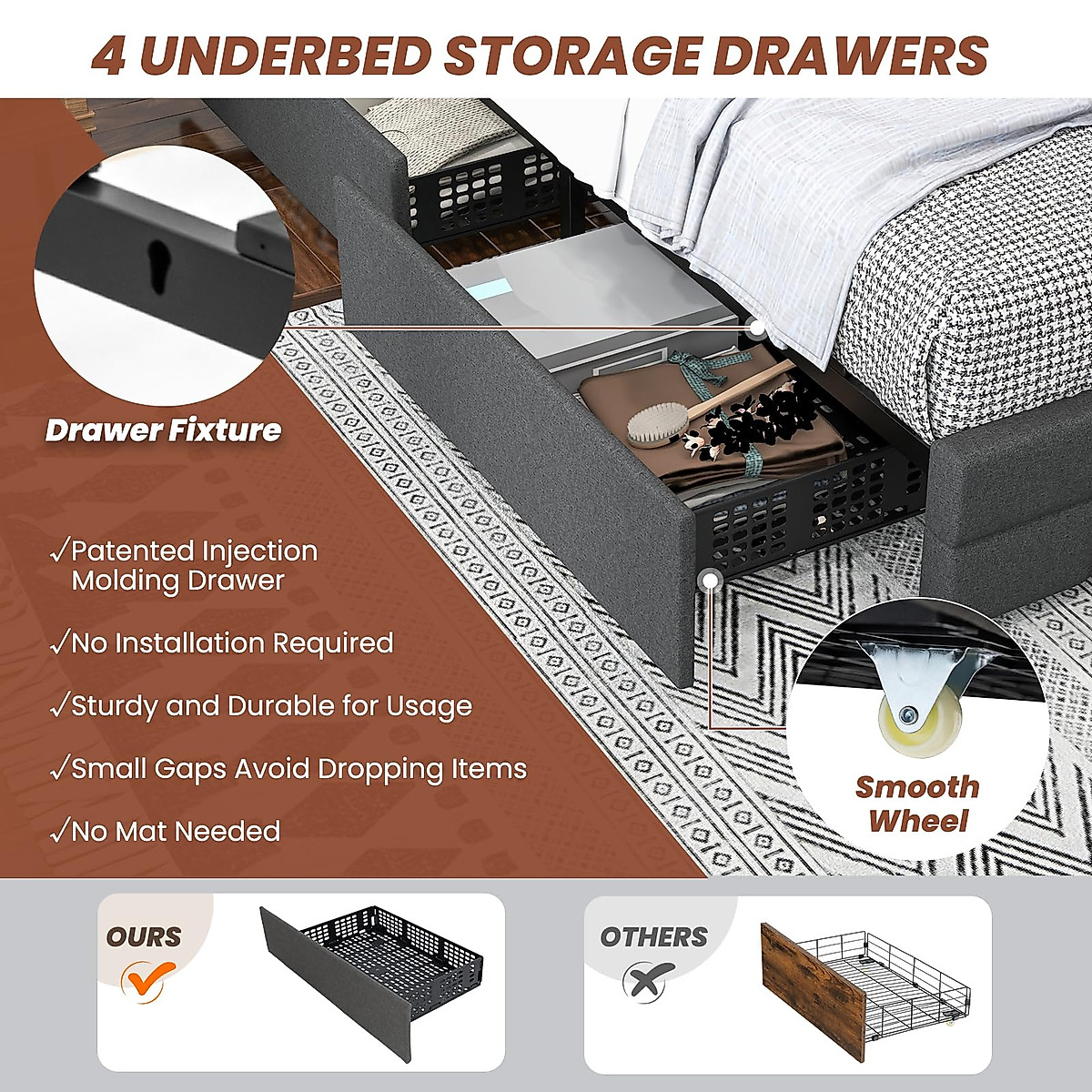 Giantex Twin Bed Frame with LED Lights and 4 Drawers, Upholstered Platform Bed Frame with USB Ports, Tufted Adjustable Headboard Design, Solid Wooden Slat Support, No Box Spring Needed