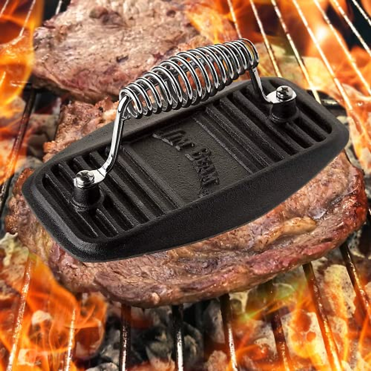 Jim Beam Stainless Steel Cast Iron Meat Press, Pre Seasoned for Delicious Meat, Steak, Beef and Patty, Heavy Duty Construction