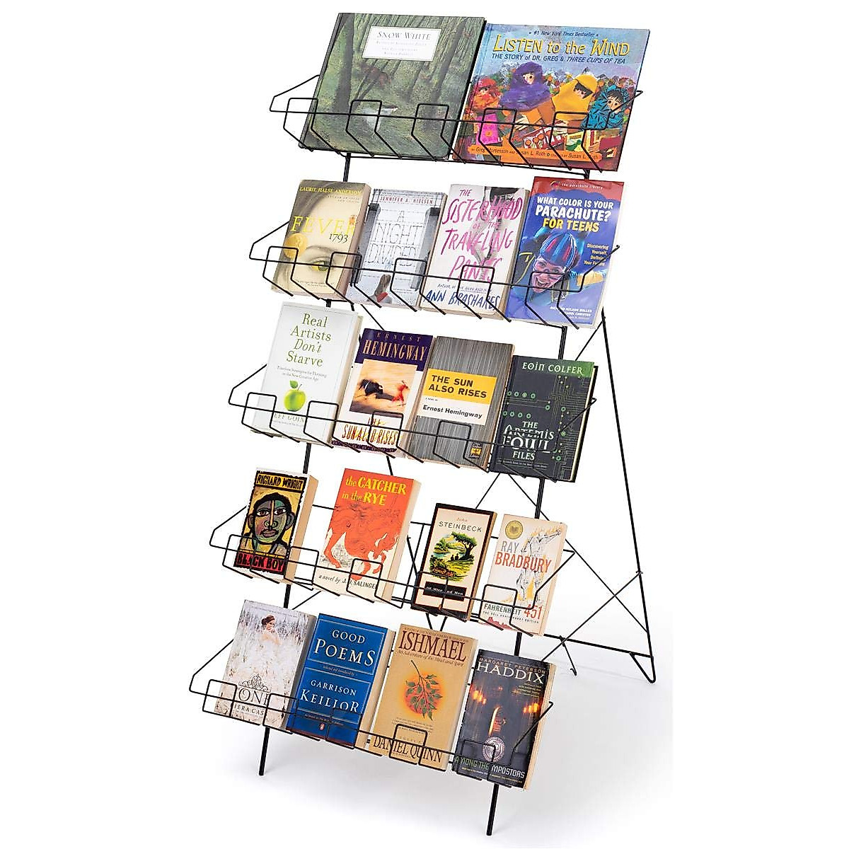 Set of Two - Display Rack for Books, DVDs, Greeting Cards, etc, 22-1/2 x 24 x 44-1/2 Inch, Gloss Black Wire, Floor-Standing Fixture, Sign Slot