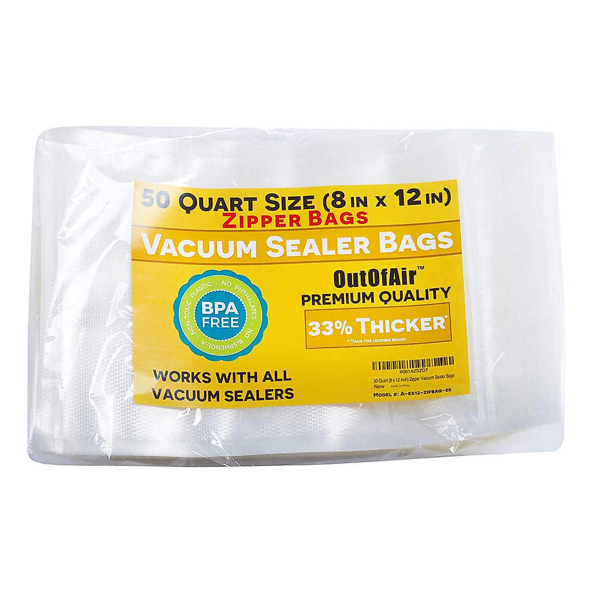 50 Zipper Vacuum Sealer Bags: Quart Size (8" x 12") - OutOfAir Vacuum Seal Zip Bags, Works with FoodSaver & Other Savers, 33% Thicker BPA Free Commercial Grade Great for Snacks On The Go