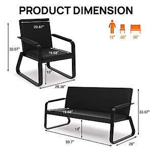 Bestmart PVC Leather 3PCS Office Reception Sofa Set Executive Side Waiting Room Visitor Guest Sofa,Dark Black