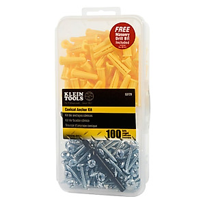 Klein Tools 53729 Conical Anchor Kit, 100 Anchors, 100 #2 Phillips, 1/4 Inch Masonry Drill Bit, Drywall and Masonry