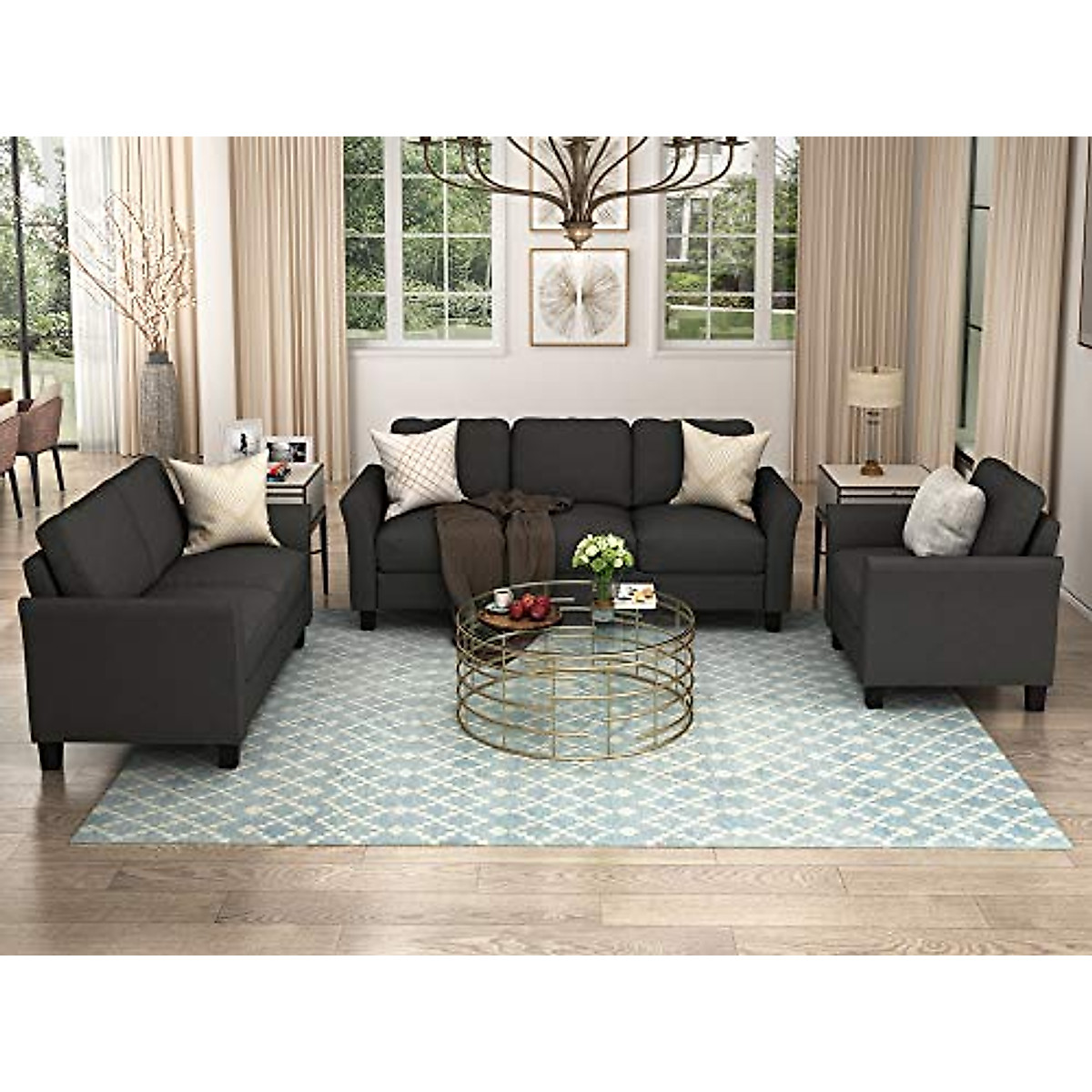 Merax 3 Pieces Sectional Sofa Set, Modern Polyester Upholstered Couch Furniture for Living Room, Black(New)