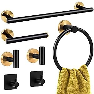 DYRECELVE Bathroom Hardware Set 7 Pieces, Towel Bar Set Stainless Steel Wall Mounted, Includes 16In Towel Rack, 4 Robe Towel Hooks,Toilet Paper Holder, Towel Ring, Black Gold Bathroom Accessories Kit