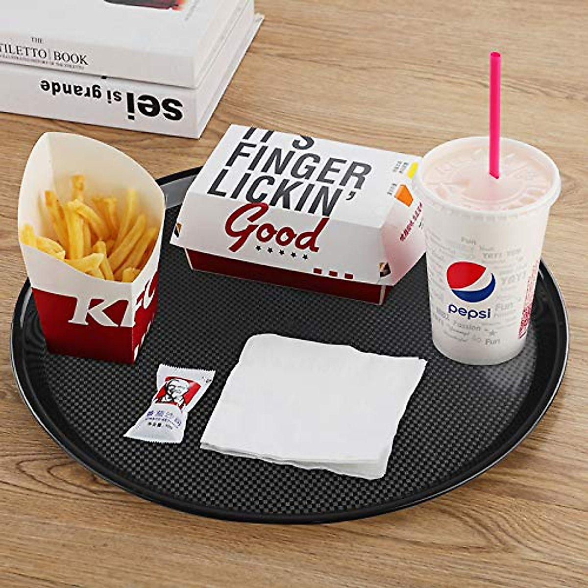 Obstnny Black Plastic Serving Tray, 13.5" Round Food Service Tray, 6 Packs