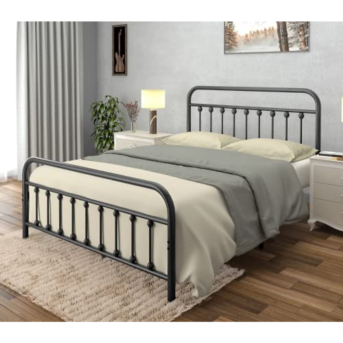AMBEE21 Vintage Queen Metal Bed Frame with Headboard and Footboard Platform / Wrought Iron / Heavy Duty/ Solid Metal Slat / Textured Black / No Box Spring Needed/ Industrial & Farmhouse