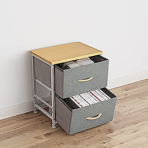 FEZIBO 2 Drawers Fabric Dresser, Nightstand for Bedroom, Small Storage Tower Organizer Unit for Closet Hallway Entryway Nursery Room, Steel Frame, Wood Top, Linen