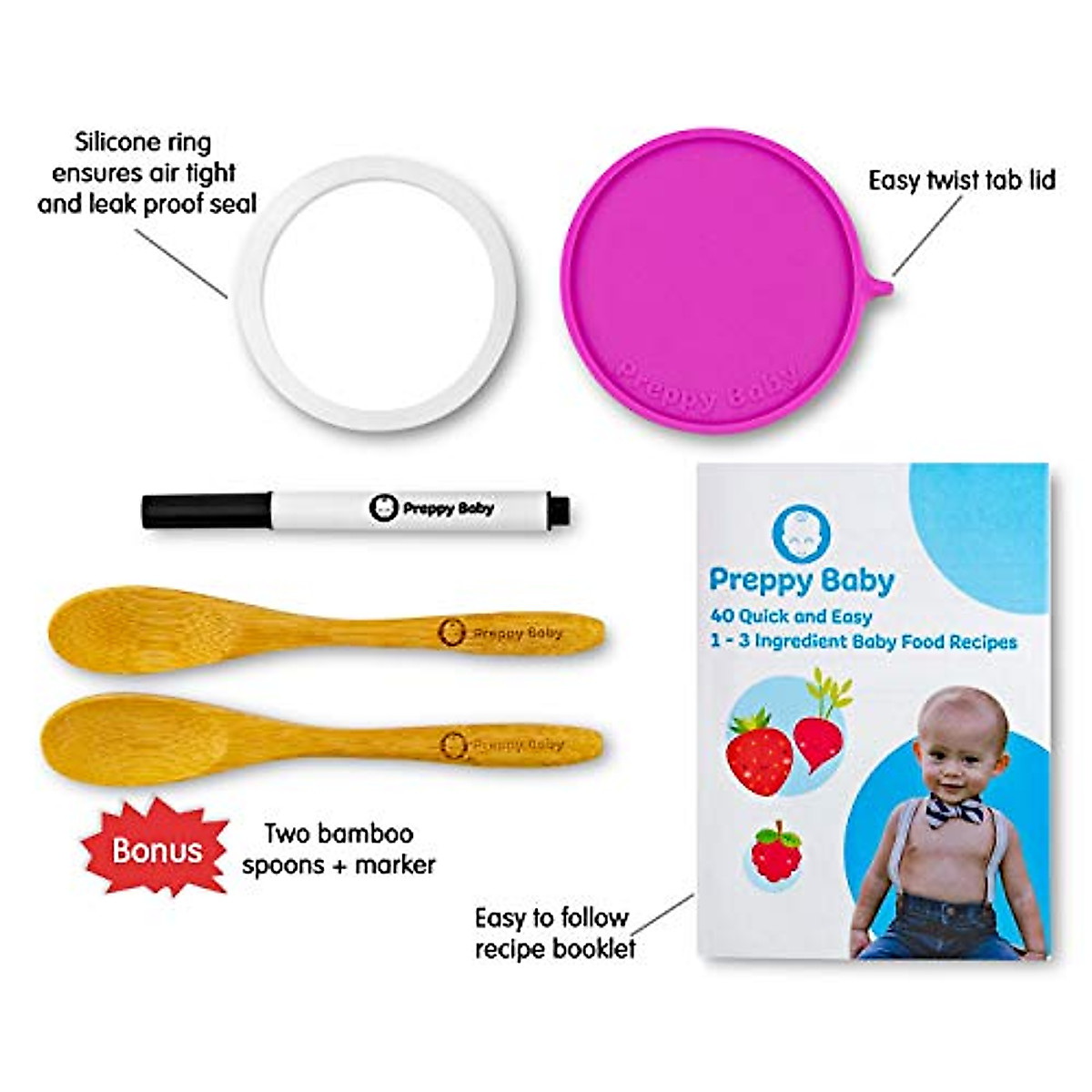 PreppyBaby 4 oz Glass Baby Food Storage Containers with Lids - Pack of 12 Reusable Dishwasher & Microwave Safe Food Jars w/ 2 Bamboo Infant Spoons, Recipe Booklet & Non-Toxic Easy Erase Marker (Blue)