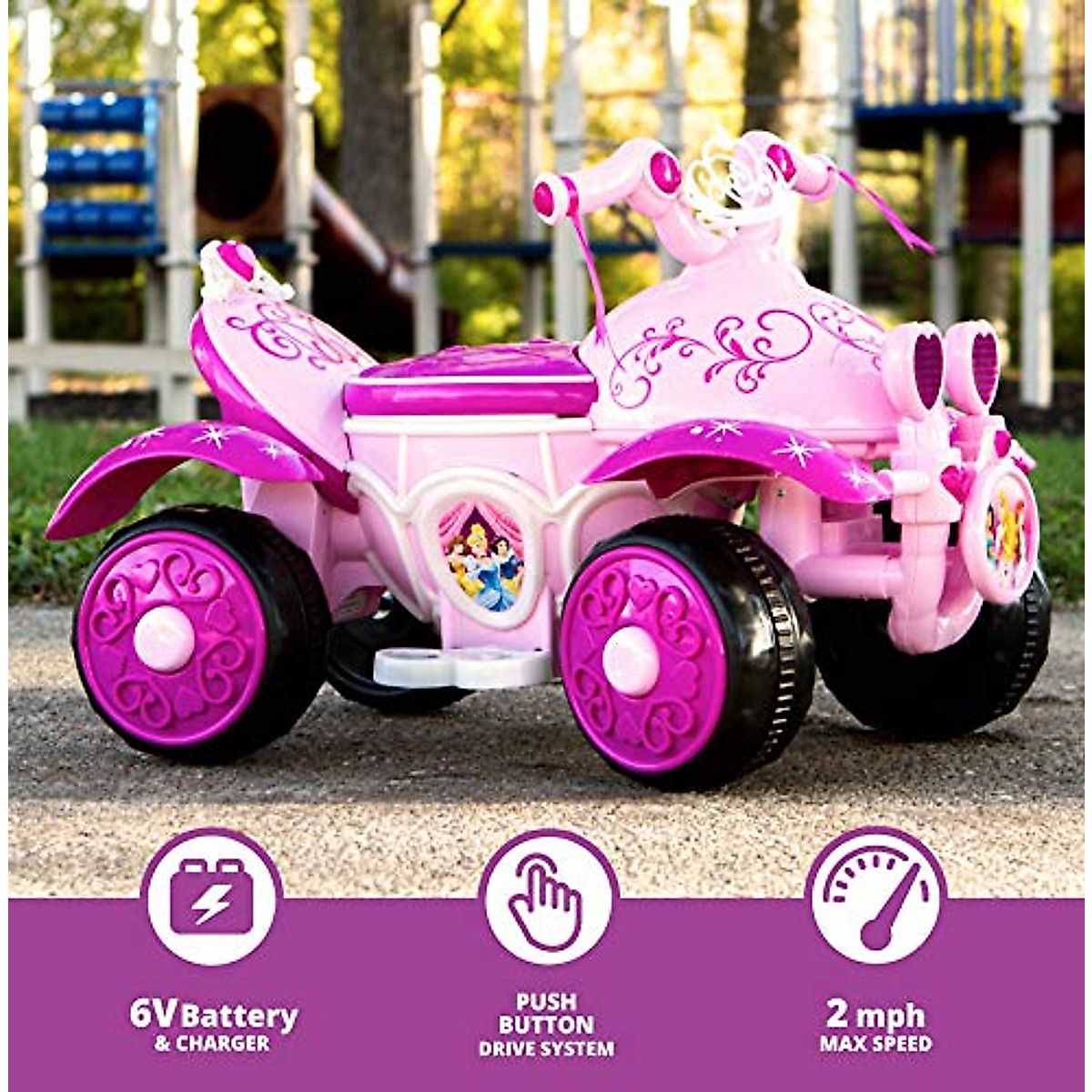 Kid Trax Toddler Disney Princess Electric Quad Ride On Toy, Kids 1.5-3 Years Old, 6 Volt Battery and Charger Included, Max Weight 45 lbs, Princess Pink