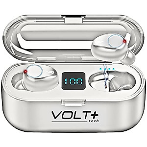 Volt Plus TECH Wireless V5.0 Bluetooth Earbuds Compatible with Samsung Galaxy J7 Prime T-Mobile LED Display, Mic 8D Bass IPX7 Waterproof/Sweatproof (White)