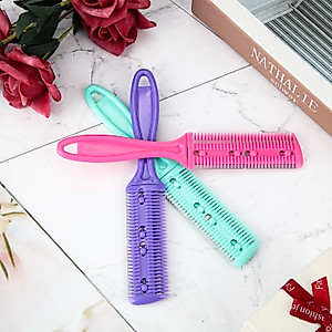 3 Pieces Hair Cutting Comb Set with 10 Razors, Double Edge Razor, Thinning Comb for Slim Haircuts (Green, Purple, Pink)