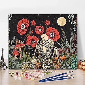 TISHIRON Skull Oil Hand Painting Moon Garden DIY Paint by Numbers for Adults Beginner Drawing with Brushes Living Room Bedroom Decor Gifts for Home Decorations 16x20inch