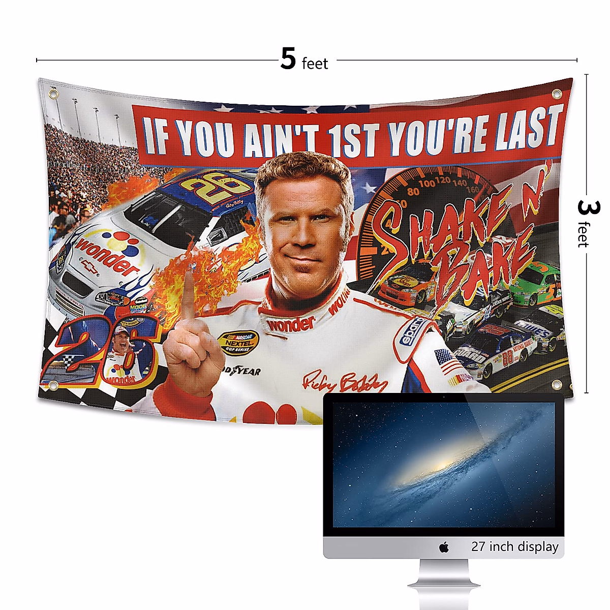 Probsin If You Ain't 1st First You're Last Flag for Talladega Nights Ricky Bobby 3x5 Ft Banner Shake N Bake Funny Poster Durable Cool Flag Man Cave Wall Decor with Brass Grommets for College Dorm Room