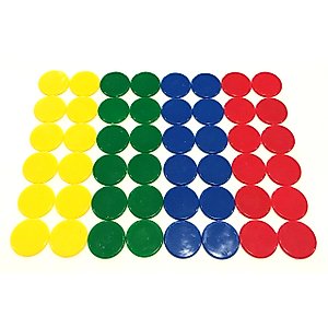 Plastic Counters (48): Blue, Red, Yellow, and Green Color Gaming Tokens (Hard Colored Plastic Coins, Markers and Discs for Bingo Chips, Tiddly Winks, and Other Board Game Playing Pieces)