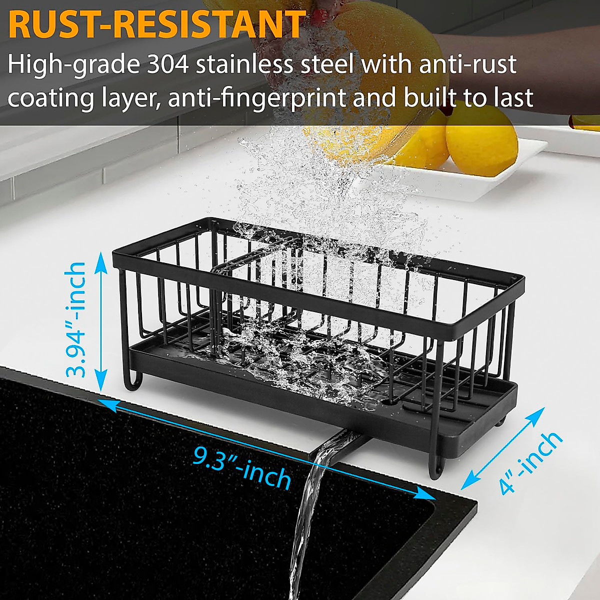 KSEV Sink Caddy with Adjustable Auto Spout Drain Pan, (Stainless Steel Rustproof) Kitchen Countertop Sink Organizer Rack Storage Holder with Divider for Countertop Sponge Soap Brush Dispenser (Black)