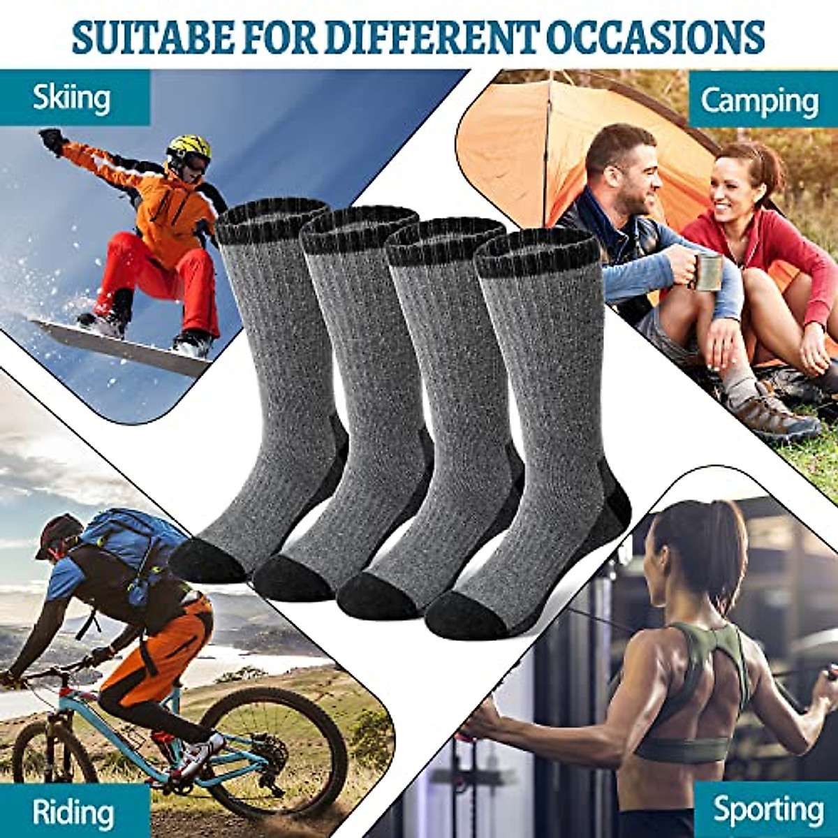 EBMORE Merino Wool Socks for Men Winter Thermal Warm Thick Hiking Boot Heavy Valentines Day Gifts for Him Stocking Stuffers Soft Cozy Socks (Black Gray (4 Pairs))