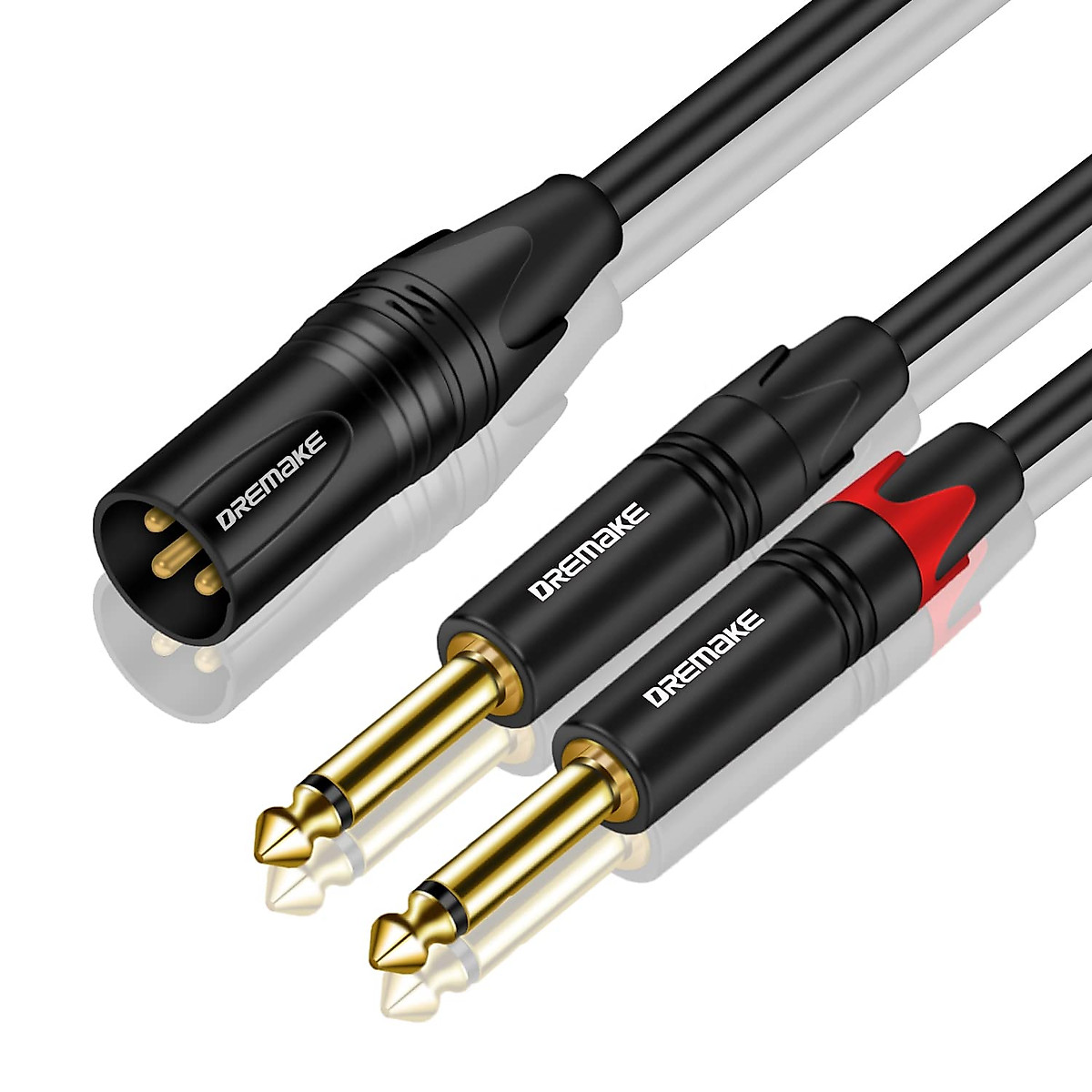 DREMAKE 3-Pin XLR Male to Dual 6.35mm 1/4'' TS Mono Microphone Patch Cable, 10FT Male XLR to Double 6.35mm TS Y Splitter Converter Cable, Dual 1/4 Inch Mono to XLR Male Mic Audio Adapter Cord
