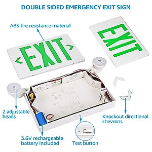 TORCHSTAR Green LED Exit Sign with Emergency Lights, UL 924, Emergency Exit Light with Battery Backup, Adjustable Heads, Fire Exit Sign with Lights, Double Face, AC 120/277V, Damp Location, Pack of 4
