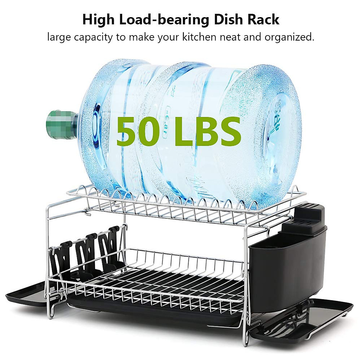 1Easylife Dish Drying Rack, 2 Tier Large Kitchen Dish Rack with Removable Drainboard, Utensil Holder and Cup Holder, Rustproof Nano Coating Dish Drainer