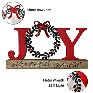 HOMirable Christmas Decor Indoor Joy Sign with Wreath for O, LED Lighted Rustic Tabletop, Bowknot Farmhouse Wooden Home Decorative Sign, Holiday Xmas Display Box Decoration Gift