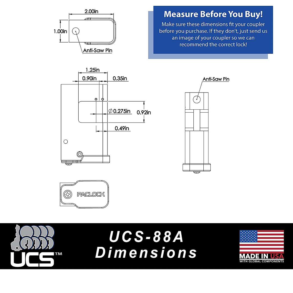 PACLOCK's UCS-88A Trailer Coupler Lock, Buy American Act Compliant, Blue Anodized Aluminum, High Security 6-Pin Cylinder, One Lock Keyed to a Number U-Pick! w/ 2 Keys, Hidden Shackle