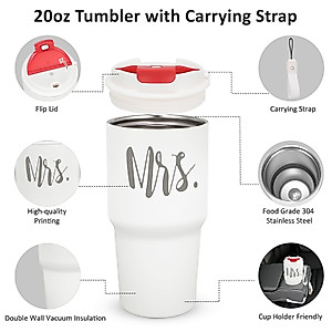 Mr & Mrs Tumblers Set, Mr and Mrs Stainless Steel Insulated Travel Mug Tumblers with Hand Strap, 20 oz Couples Drinking Coffee Cups for Newlyweds Engagement Wedding Gifts Bridal Shower Anniversary