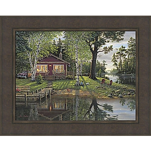 Simpler Times by Kim Norlien 24x30 Log Cabin Lake Fishing Boat Dock Summer Landscape Framed Art Print Picture