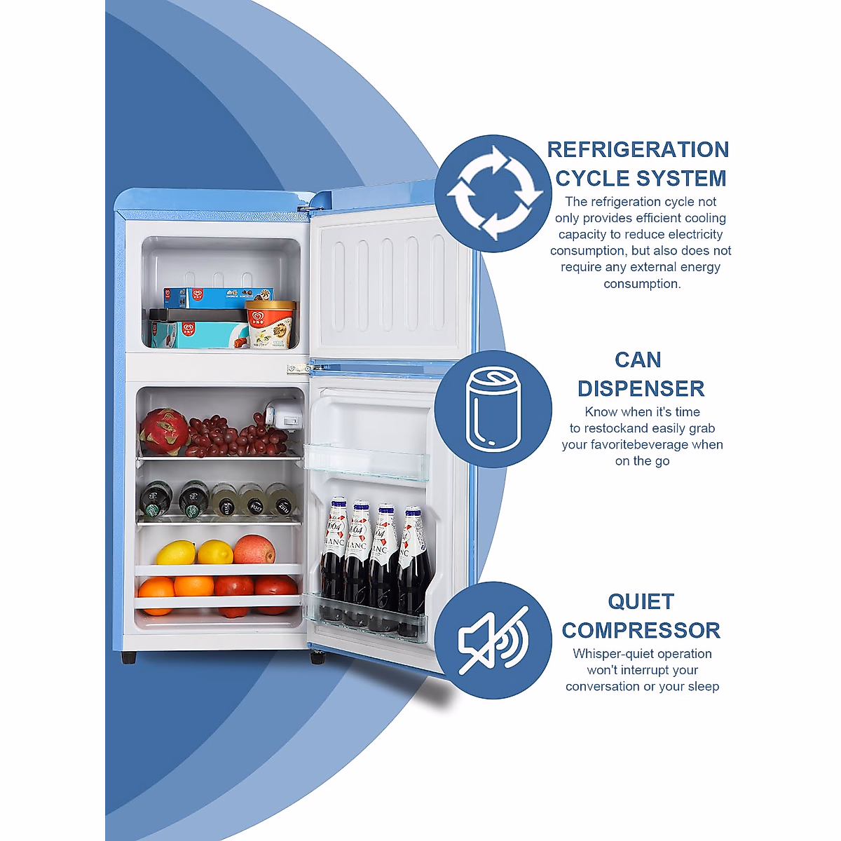 KRIB BLING 3.5 Cu.Ft Refrigerator 2 Door 7 Level Adjustable Thermostat Control Top-Freezer Refrigerator Lock Fresh Energy Saving Blue