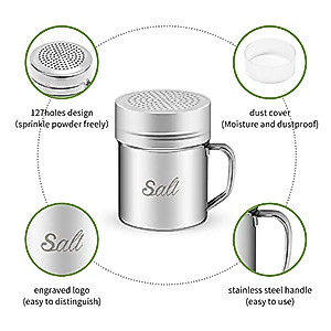 ZERUIDM Stainless Steel Salt and Pepper Shakers Set, 10 OZ Seasoning Spice Shaker with Lid and Handle 127 Holes, Metal Dredge Shaker for Powder Sugar Cooking Kitchen Baking (2 Pieces)