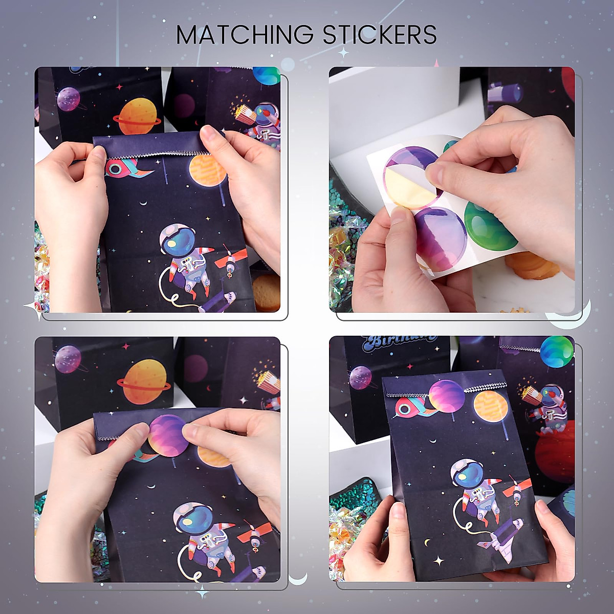VGOODALL 24PCS Outer Space Gift Bags, Party Favor Bags Space Goodie Bags Lunch Paper Bags with Stickers for Kids Space Theme Birthday Party