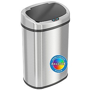 iTouchless 13 Gallon SensorCan Touchless Trash Can with Odor Control System, Stainless Steel, Oval Shape Kitchen Bin