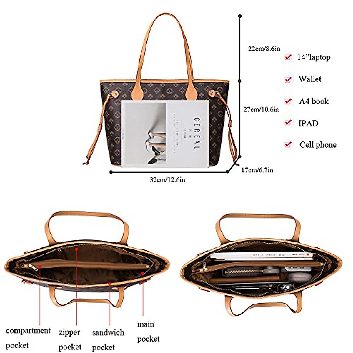 Luxury Shopping Bag Floral 2-in-1 Tote Bag Shoulder Bags for Work Large Capacity Crossbody Bag For women (Brown)